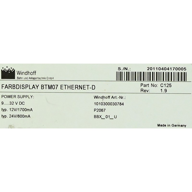 Windhoff BTM07 Ethernet-D C125 Panel