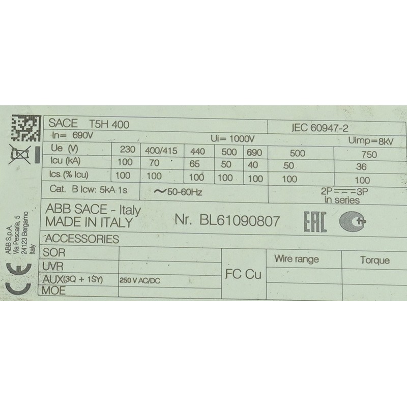 ABB T5H 400 SACE TMAX JEC 60947-2