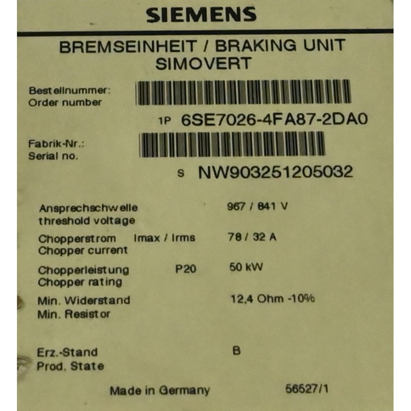 Siemens 6SE7026-4FA87-2DA0 Simovert 6SE7 026-4FA87-2DA0 Braking Unit