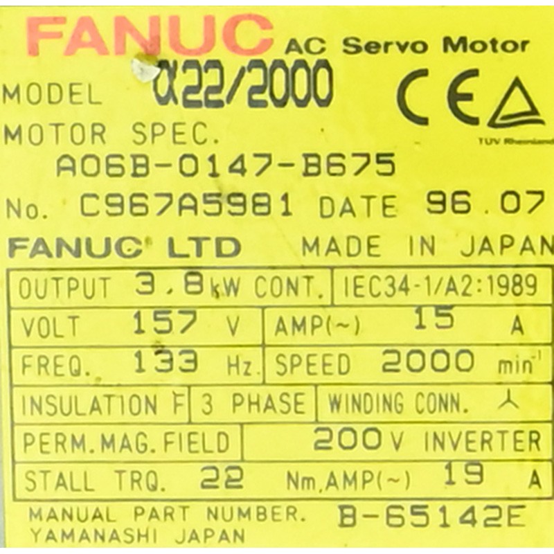 Fanuc 022/2000 AC Servo Motor NA06B-0147-B675