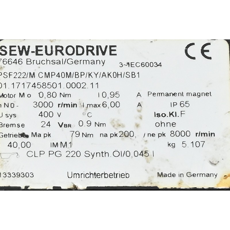 SEW Eurodrive CMP40M/BP/KY/AK0H/SB1 Servo Motor PSF222/M