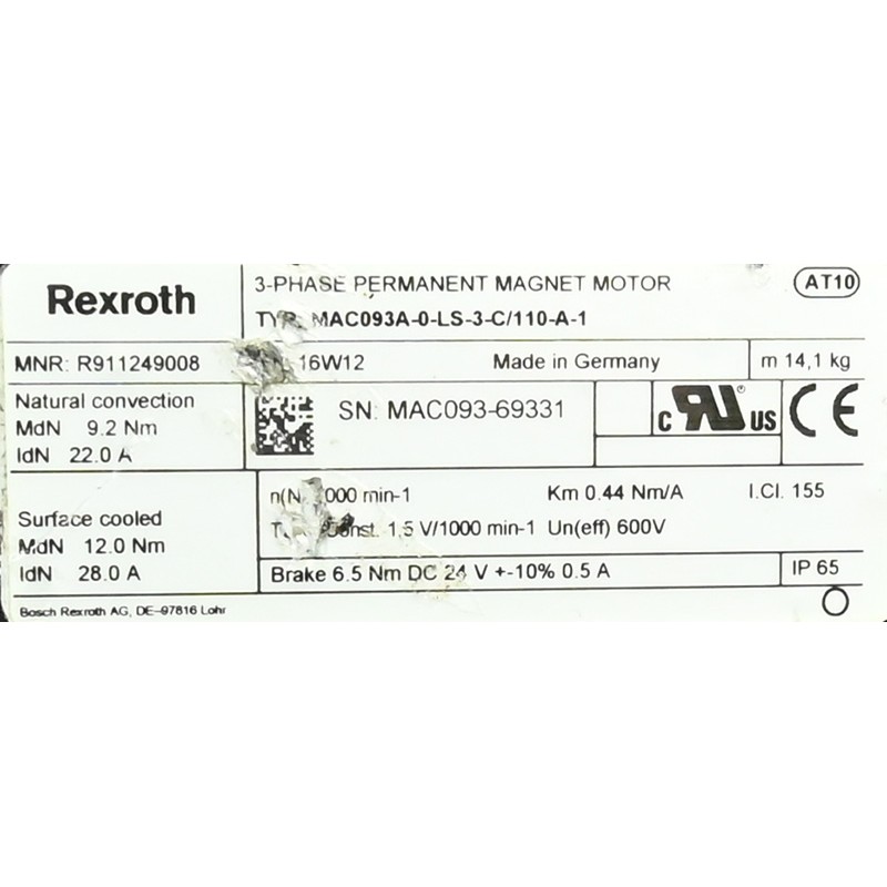 Rexroth MAC093A-0-LS-3-C/110-A-1 R911249008 3-Phase Permanent Magnet Motor