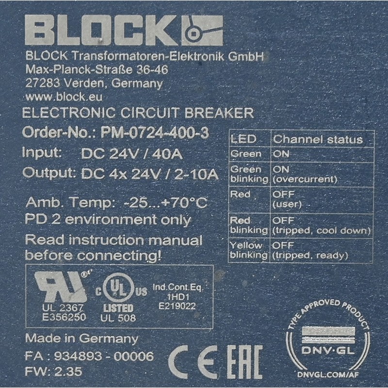 Block PM-0724-400-3 Electronic Circuit Breaker