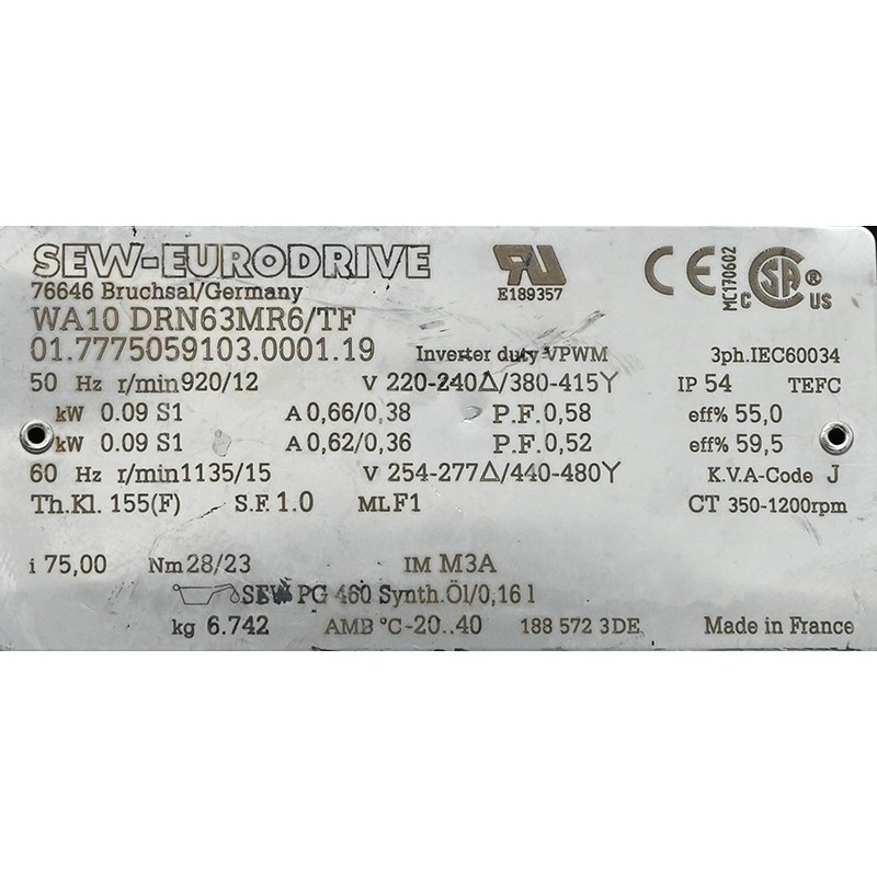 SEW Eurodrive WA10 DRN63MR6/TF 01.7775059103.0001.19 Brushless Motor