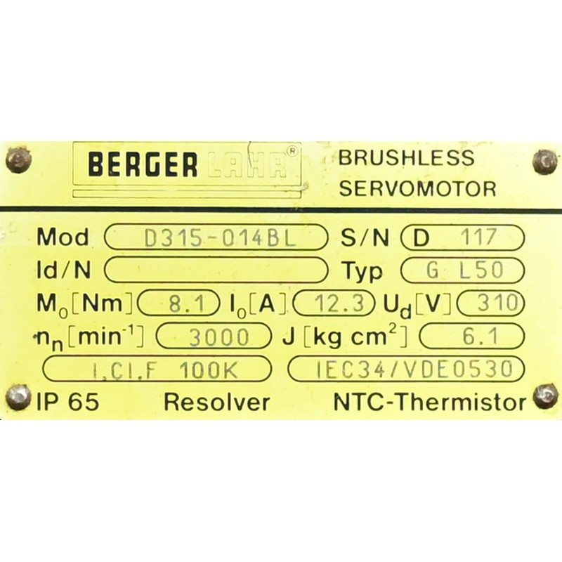 Berger Lahr D315-014BL G L50 Brushless Servo Motor