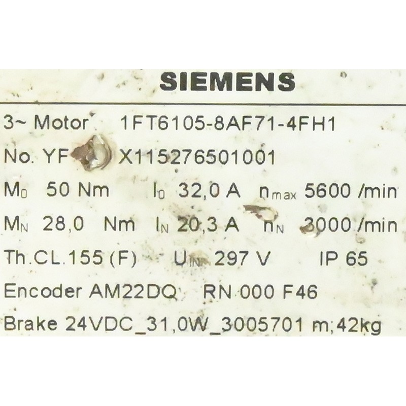 Siemens 1FT6105-8AF71-4FH1 1FT6 105-8AF71-4FH1 3-Phase Motor