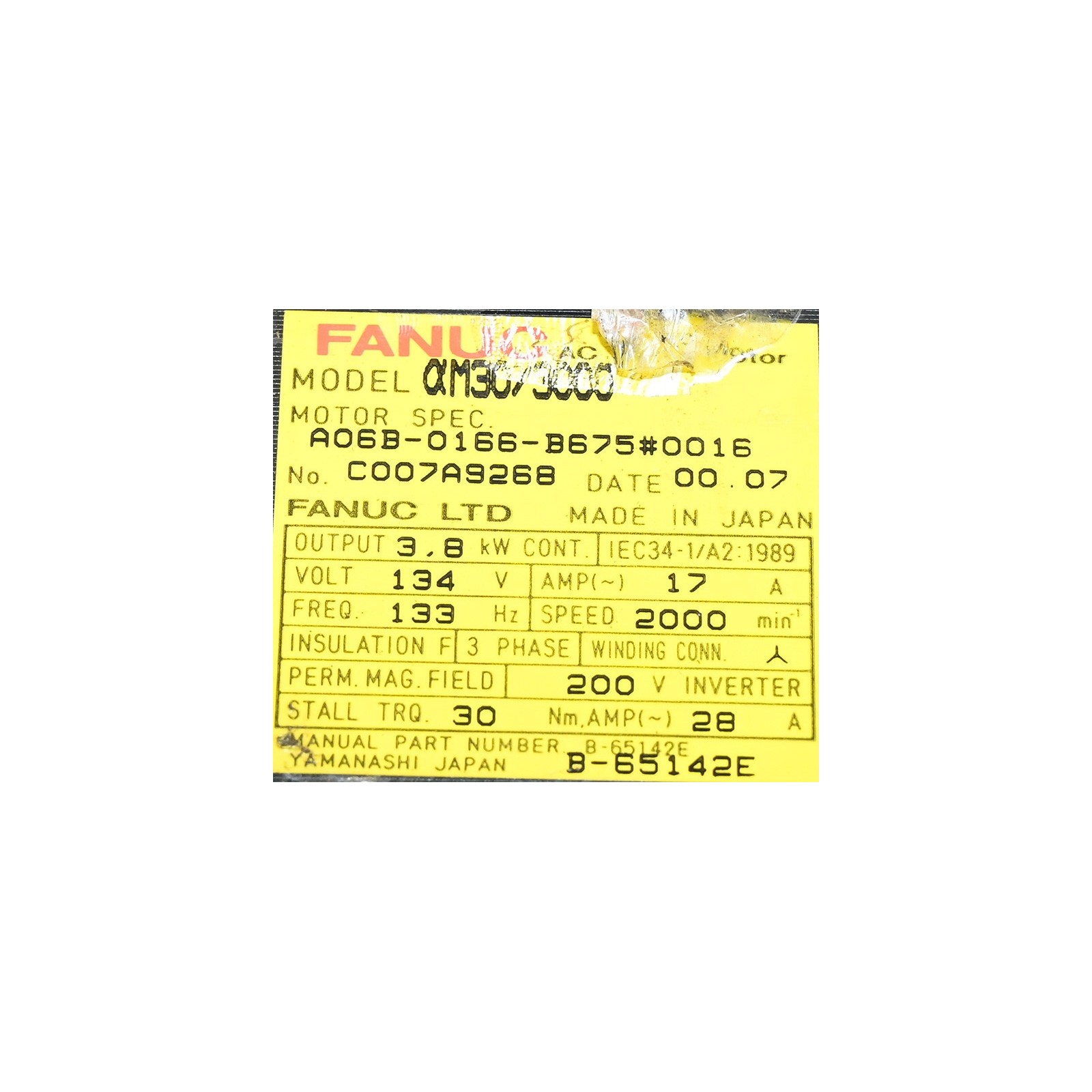 Fanuc A06B-0166-B675 0016 α30/3000 Servo Motor