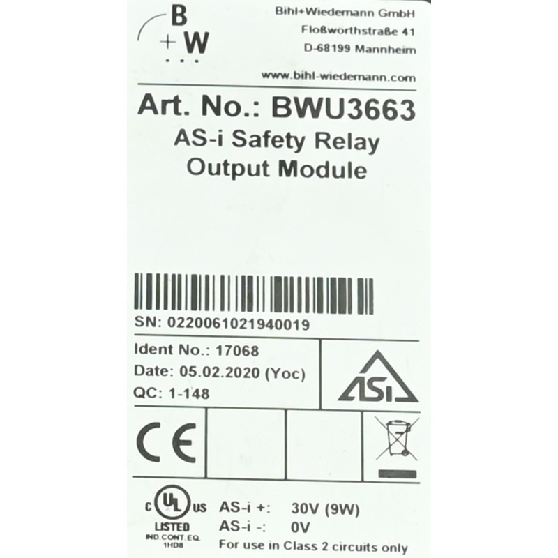 Bihl+Wiedmann BWU3663 AS-i Safety Relay Output Module