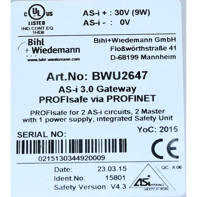 Bihl+Wiedmann BWU2647 AS-i 3.0 Gateway