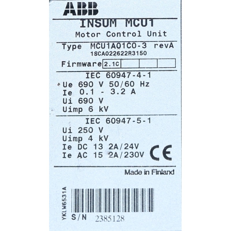 ABB MCU1A01C0-3 INSUM MCU1 1SCA022622R3150 Motor Control Unit