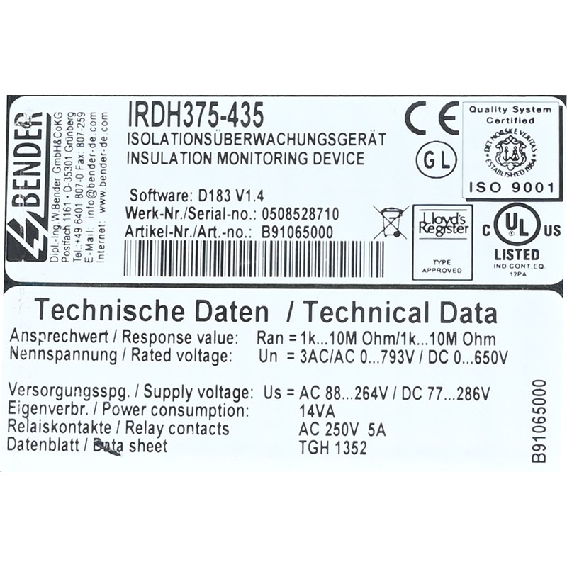 Bender IRDH375-435 Insulation Monitoring Device