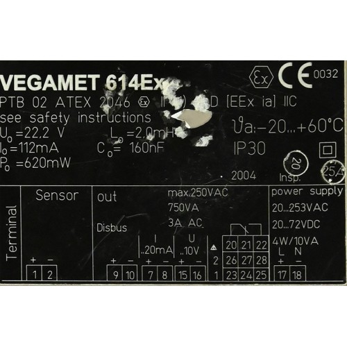 Vega VEGAMET 614Ex PTB 02 ATEX 2046 Controller