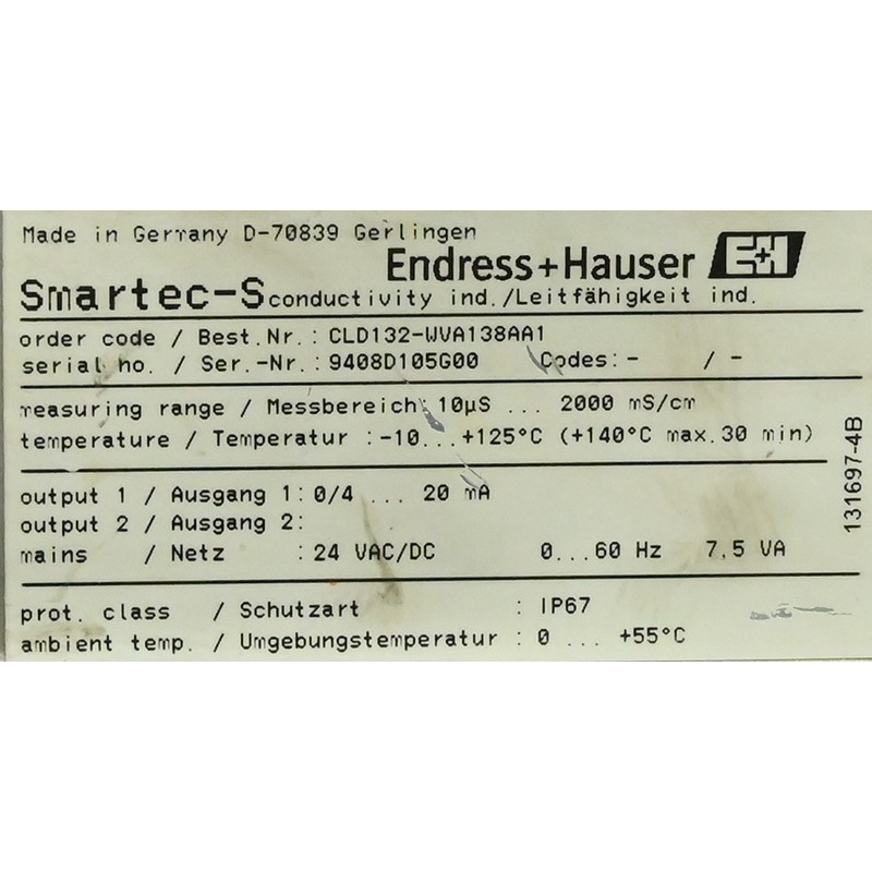 Endress Hauser CLD132-WVA138AA1 Smartec-S Conductivity compact device