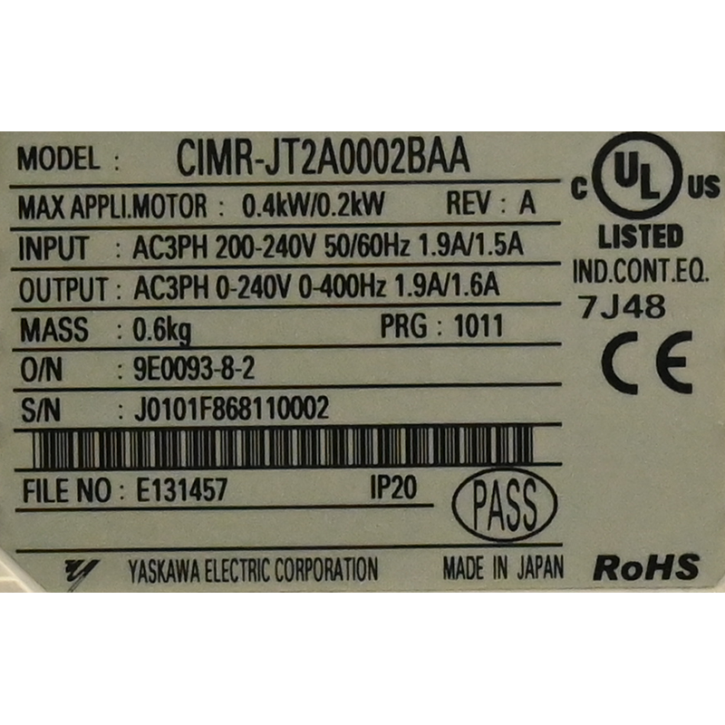 Yaskawa CIMR-JT2A0002BAA J1000 9E0093-8-2 Inverter