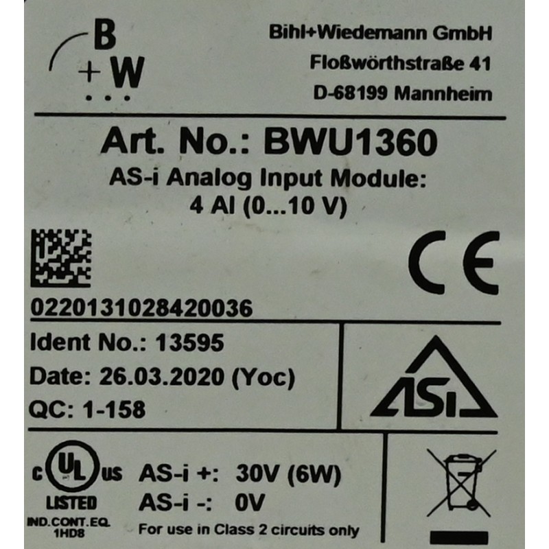 Bihl+Wiedmann BWU1360 13595 AS-i Analog Input Module