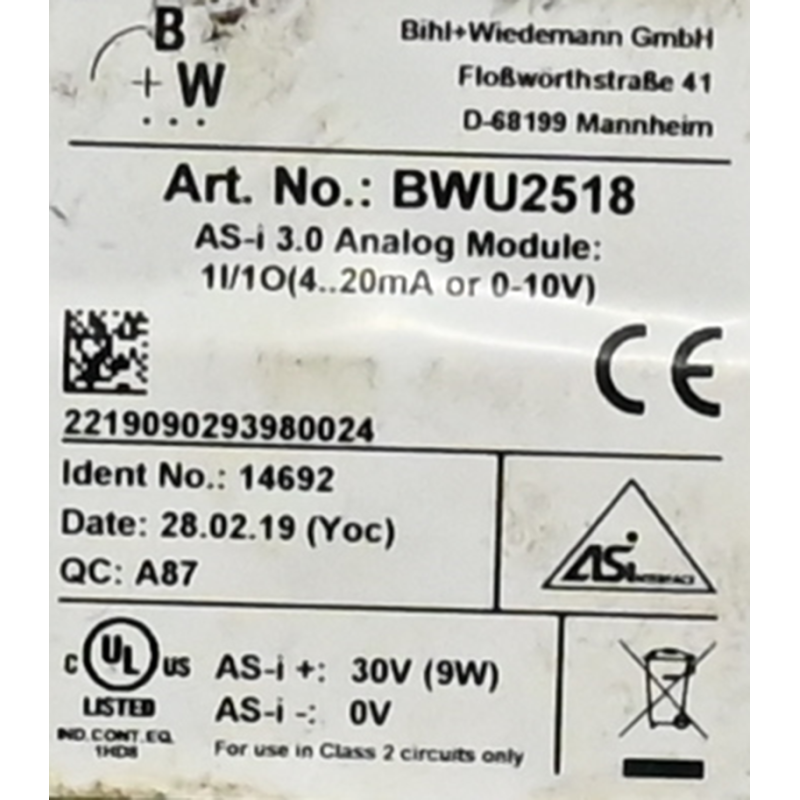 Bihl+Wiedmann BWU2518 14692 AS-i 3.0 Analog Module