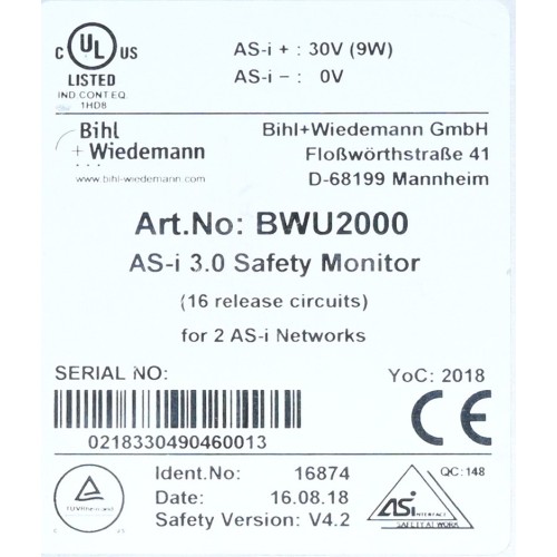Bihl+Wiedmann BWU2000 As-i 3.0 Safety Monitor