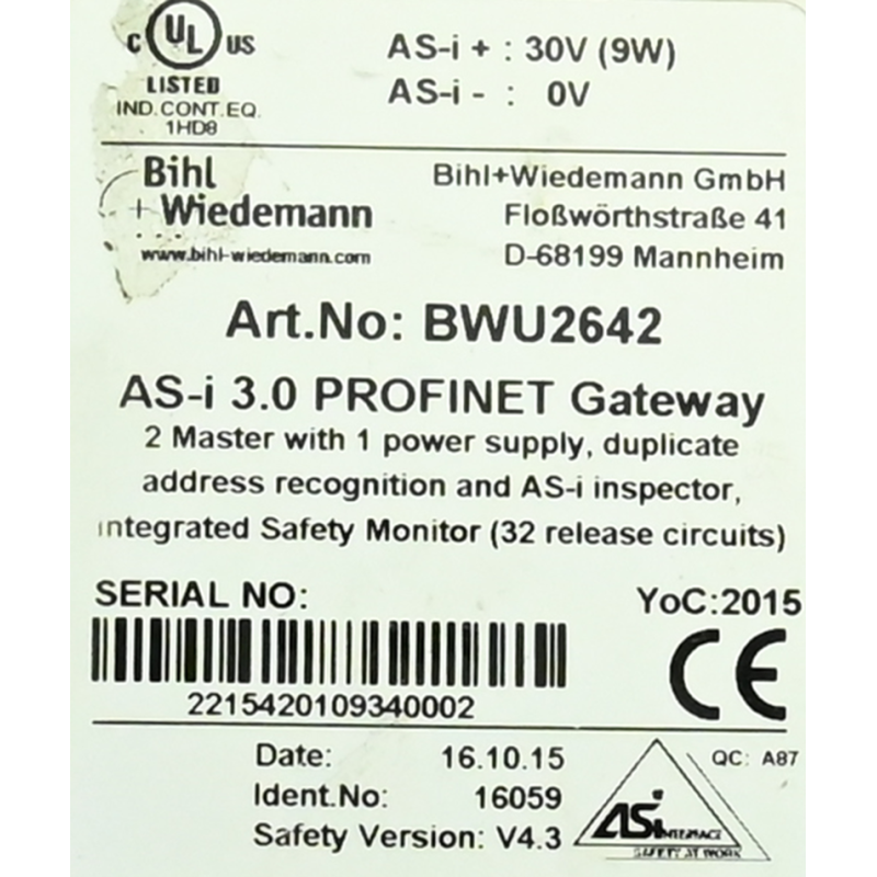 Bihl+Wiedmann BWU2642 AS-i 3.0 PROFINET Gateway