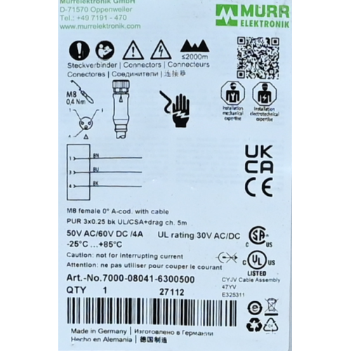 Murr Elektronik 7000-08041-6300500 M8 Female Connector New