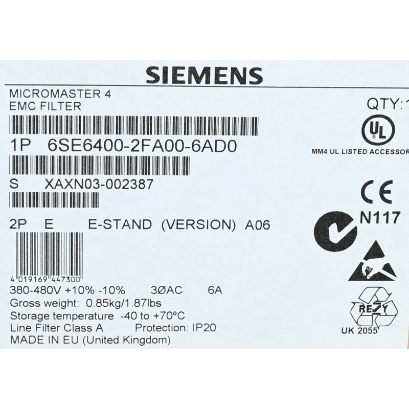 Siemens 6SE6400-2FA00-6AD0 Micromaster 4 6SE6 400-2FA00-6AD0 EMC Filter ...