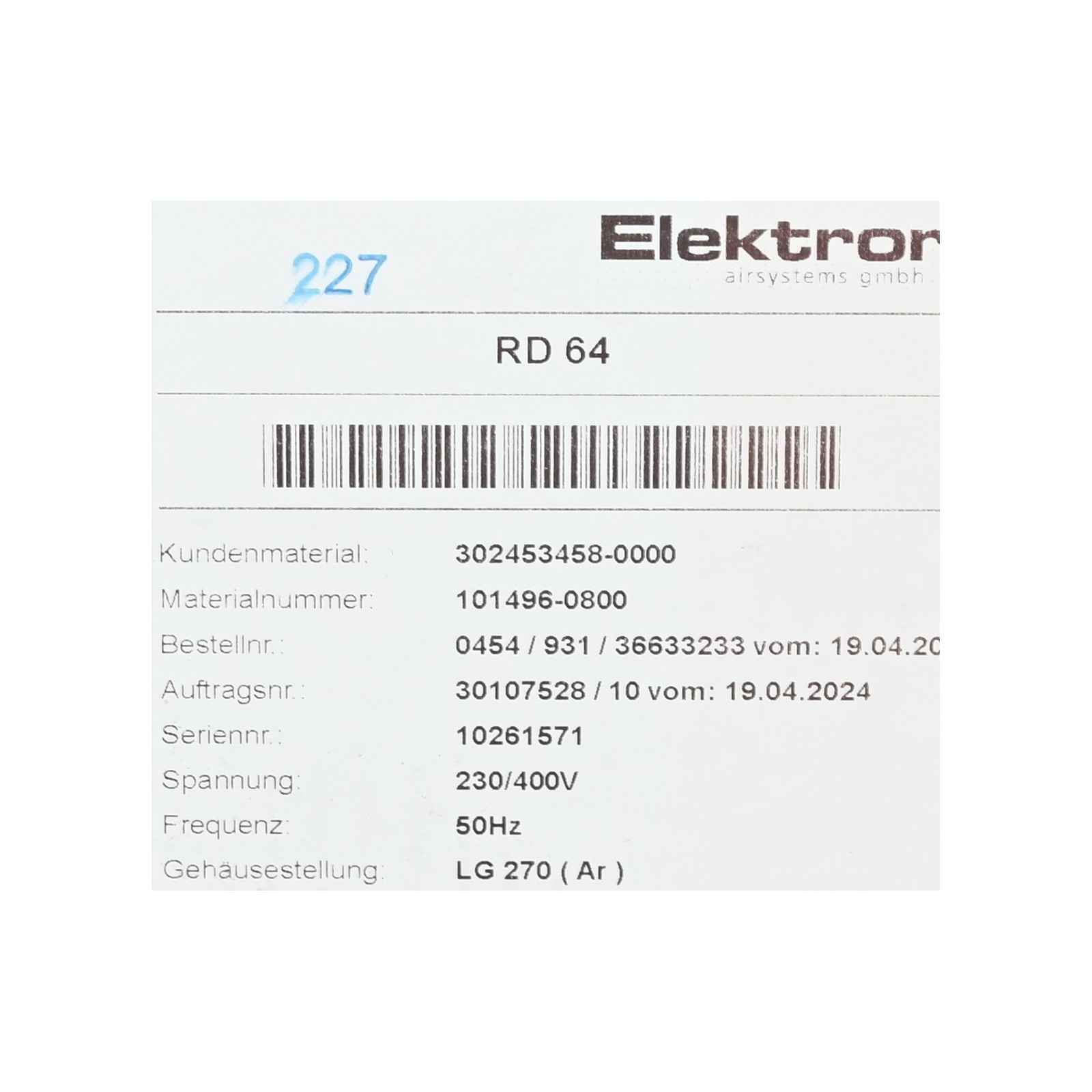 Elektror RD 64 Radial Medium Pressure Blower Neu